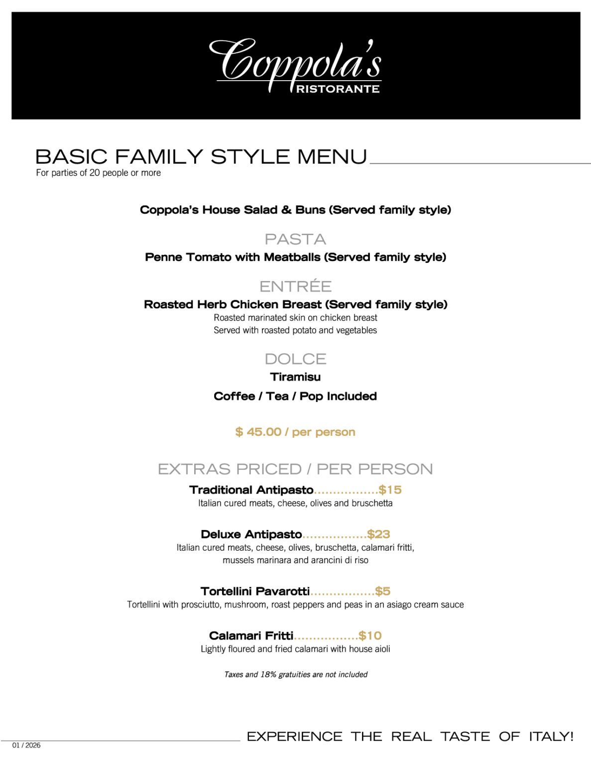 Family Style Menu | coppolas.ca