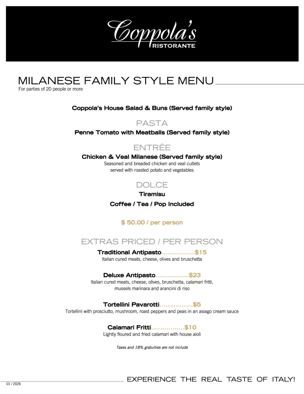 Family Style Menu | coppolas.ca